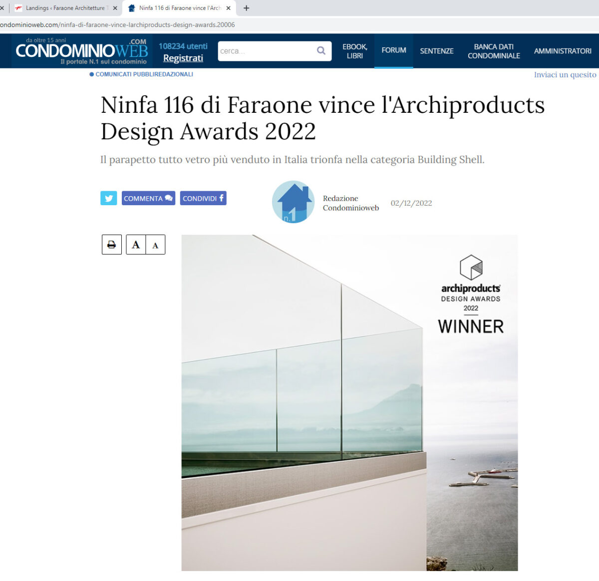 Condominioweb - Ninfa 116 di Faraone vince l'Archiproducts Design Awards 2022 > Faraone.it